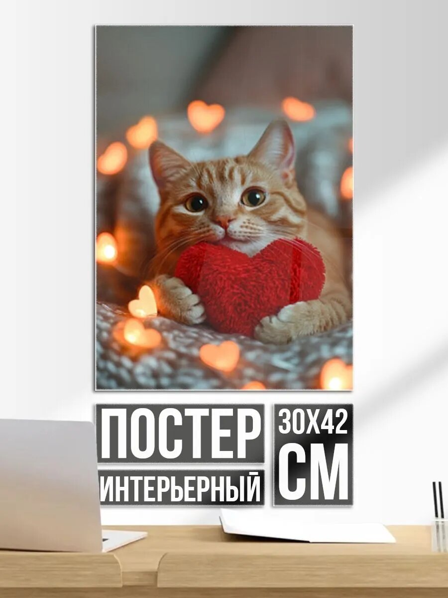Постер на стену Рыжий кот держит сердечко