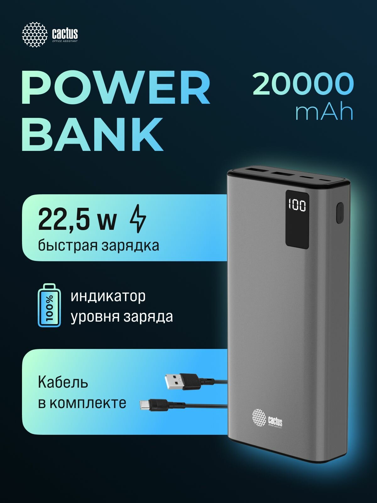Внешний аккумулятор, повербанк 20000mAh Cactus CS-PBFSFA-20000, серый
