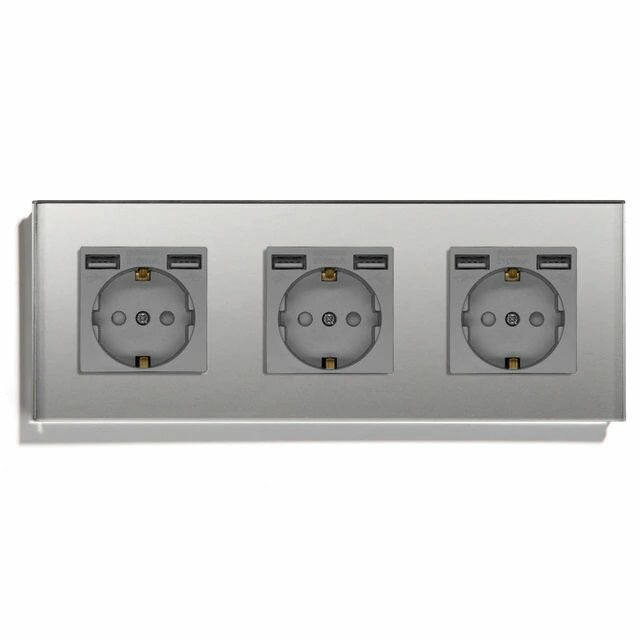 Розетка с USB-A MVAVA, встраиваемая, 3 поста, стекло, с заземлением, серая