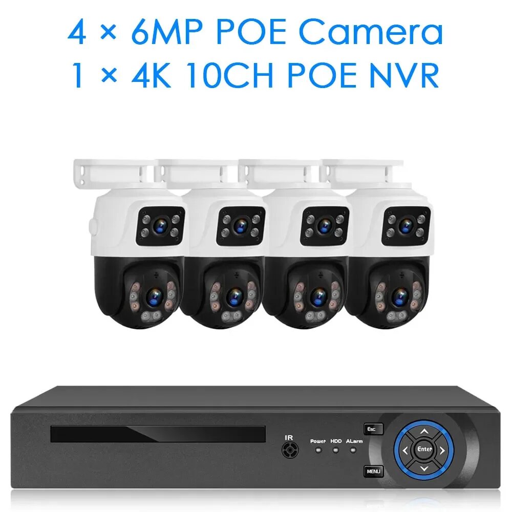 Система безопасности Xmeye APP 10CH POE с камерой PTZ с двойной линзой 6 МП для внешнего использования с автоматическим трекингом, набор NVR 4K с цветным ночным видением