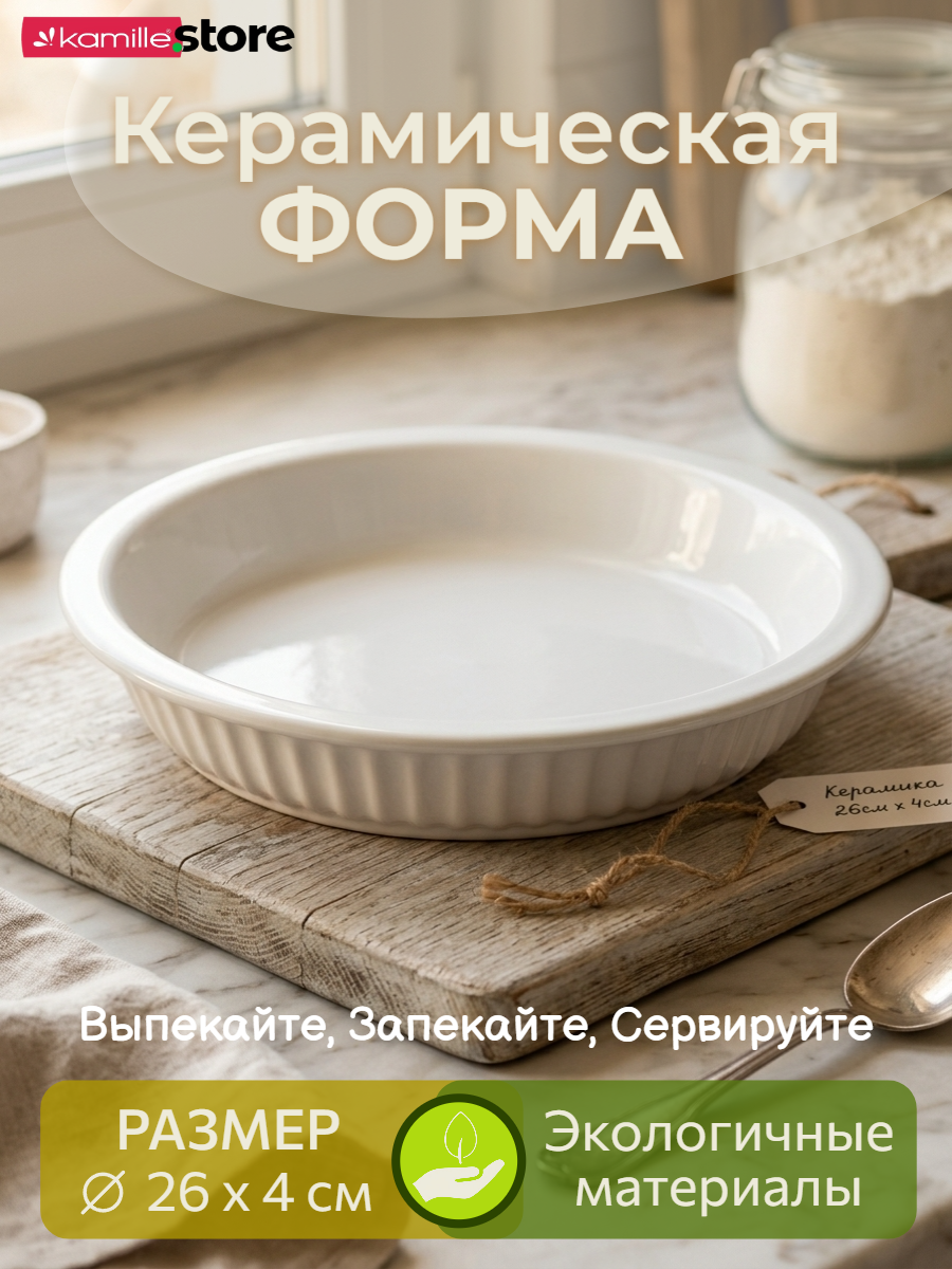 Форма для запекания и выпечки из каменной керамики круглая 26х4 см. (белый)