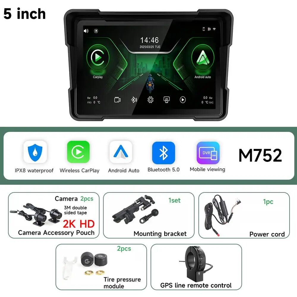 Мотоциклетный GPS-навигатор 5" 2K HD, CarPlay, Android Auto, Bluetooth 5.0, IP67, M752-TM