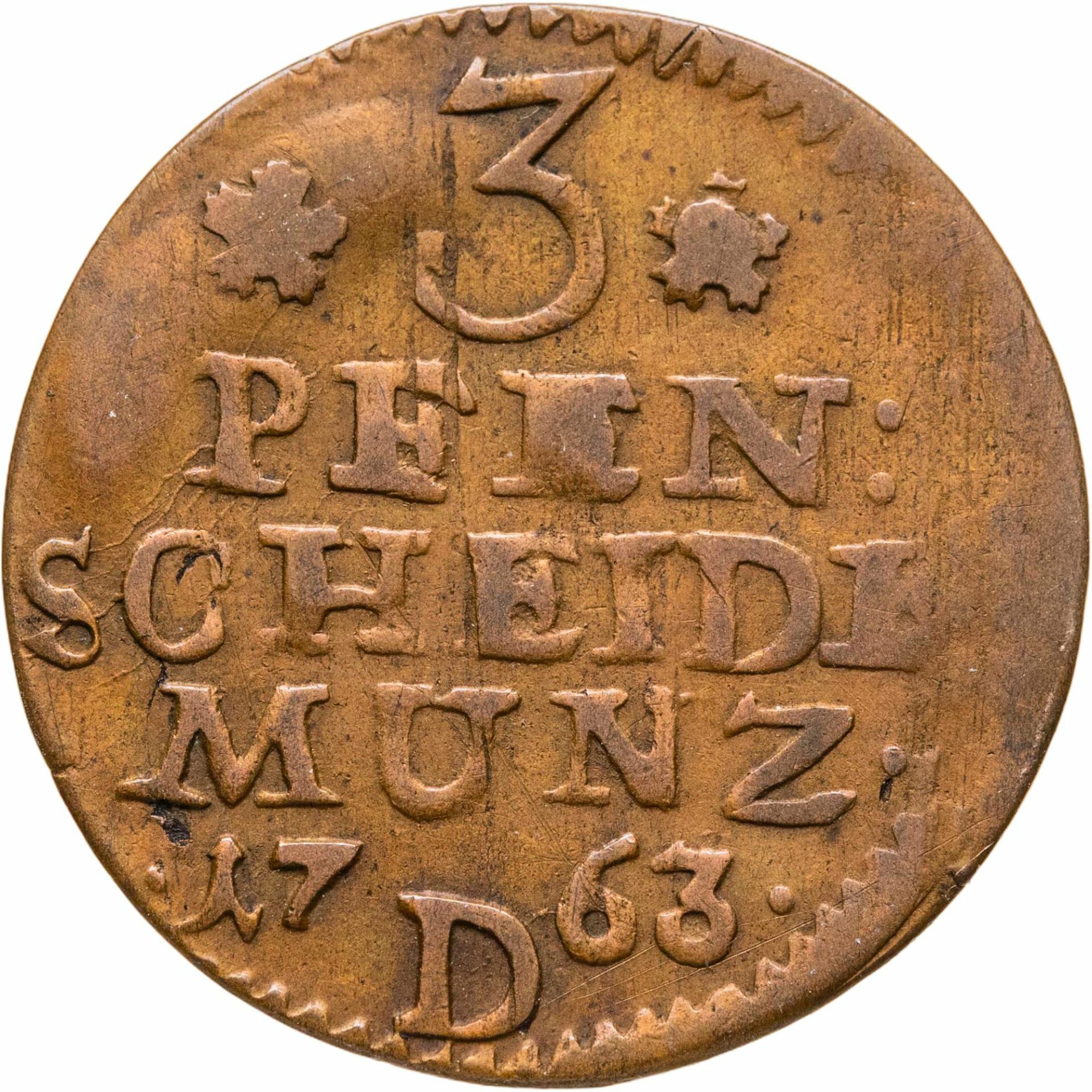 Германия, Пруссия 3 пфеннига 1763, Медь, в сохранности F