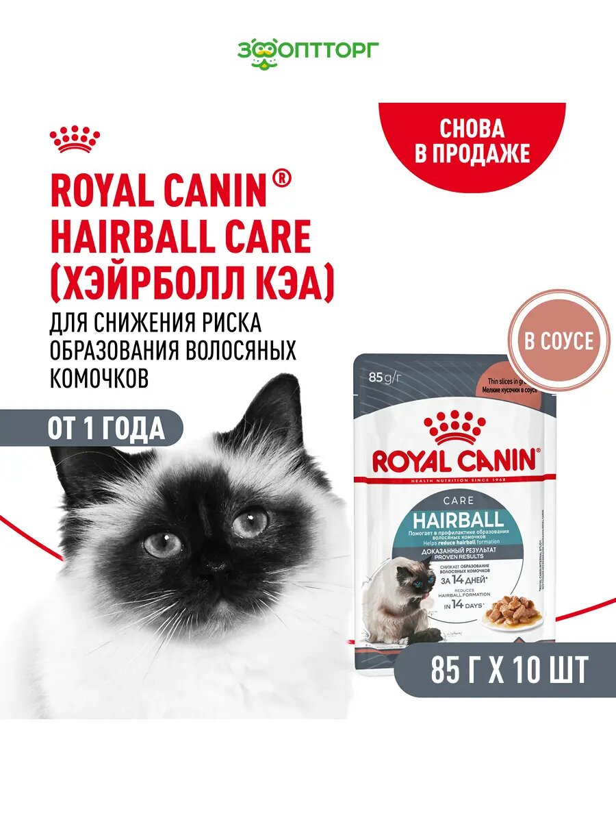 Влажный корм Royal Canin Hairball Care пауч для профилактики комков шерсти у кошек (кусочки в соусе) Птица, 85 г х 10 шт.