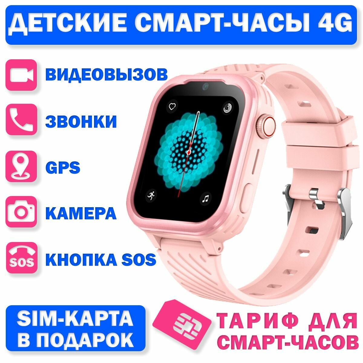 Детские смарт часы Wonlex 4G КТ15 PRO c GPS, местоположением, видеозвонками, WhatsApp, с сим картой в комплекте, розовый
