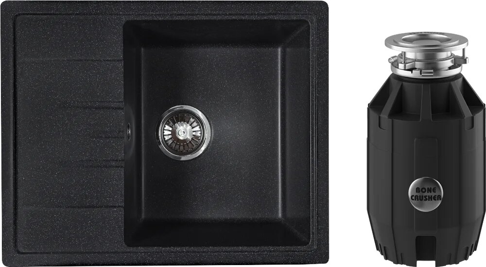 Комплект Мойка Reflexion Plato RX1457СL 57x46, уголь, кварц / Измельчитель Bone Crusher BC 910-AS электрический, нержавеющая сталь