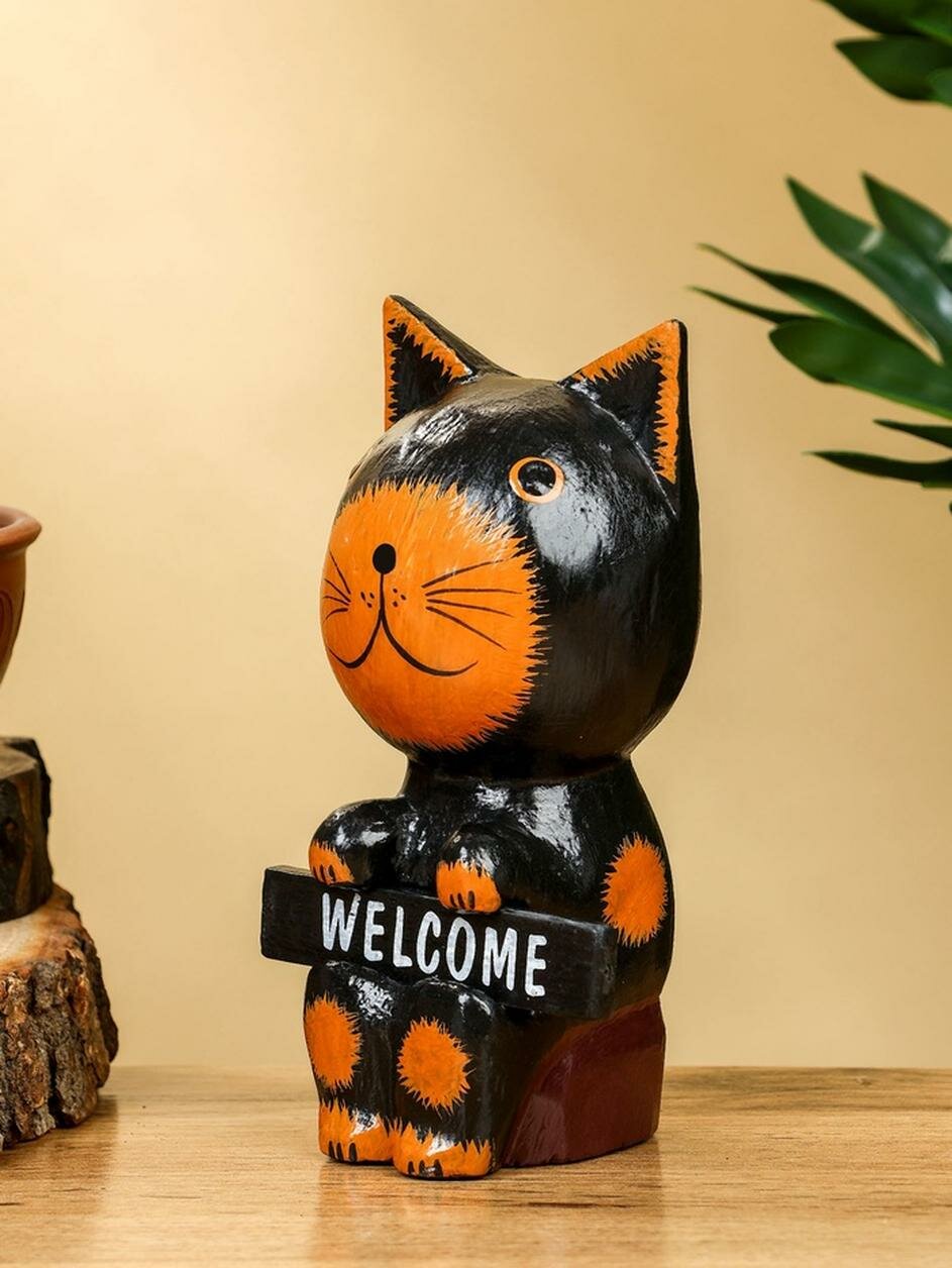Сувенир "Кот с табличкой WELCOME" дерево 10х7х16 см, цвет черно-рыжий