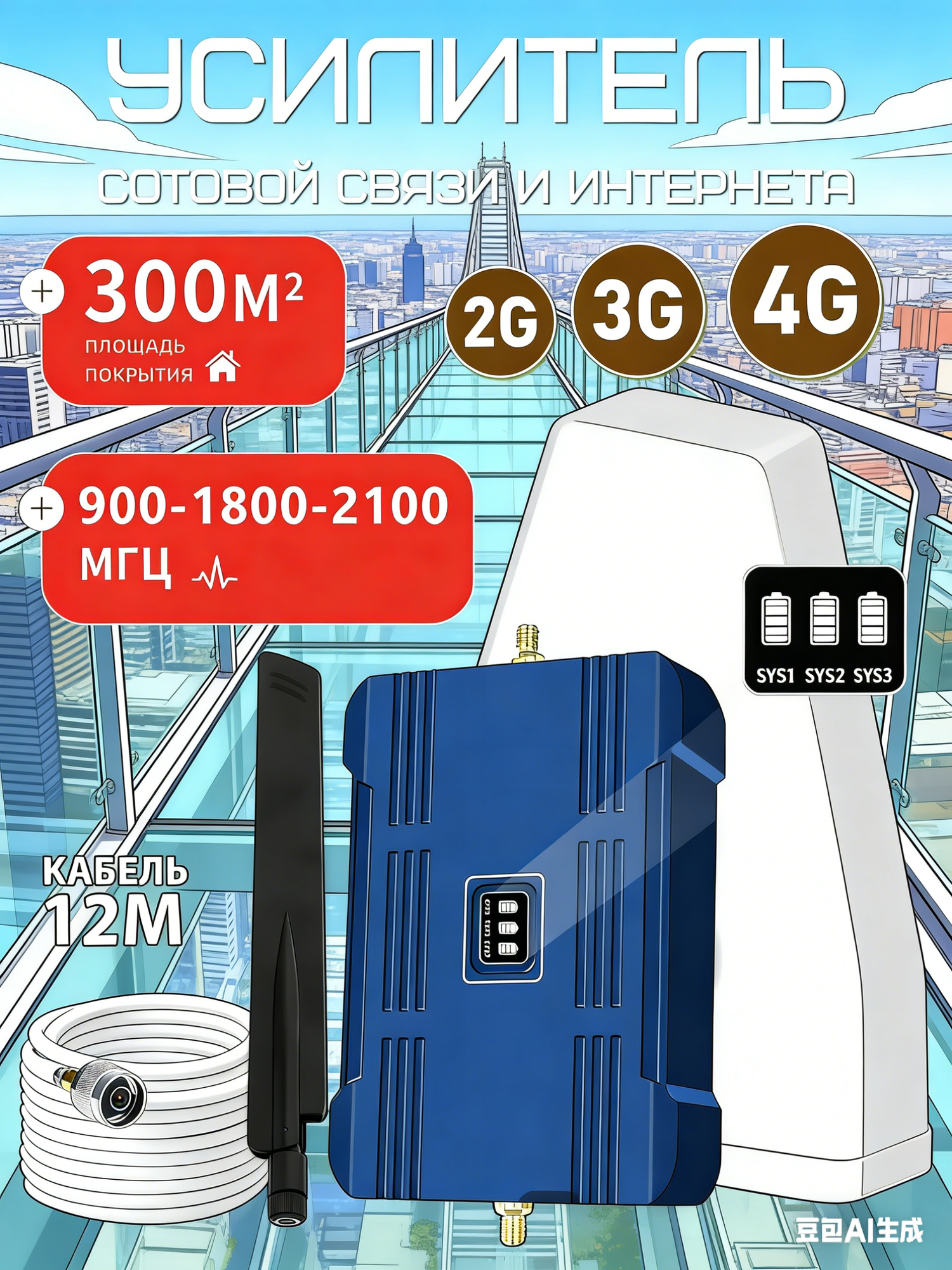 Усилитель сотовой связи 900/1800/2100 МГц (2G/3G/4G): до 70 км, направленный, синий, 1.3 кг