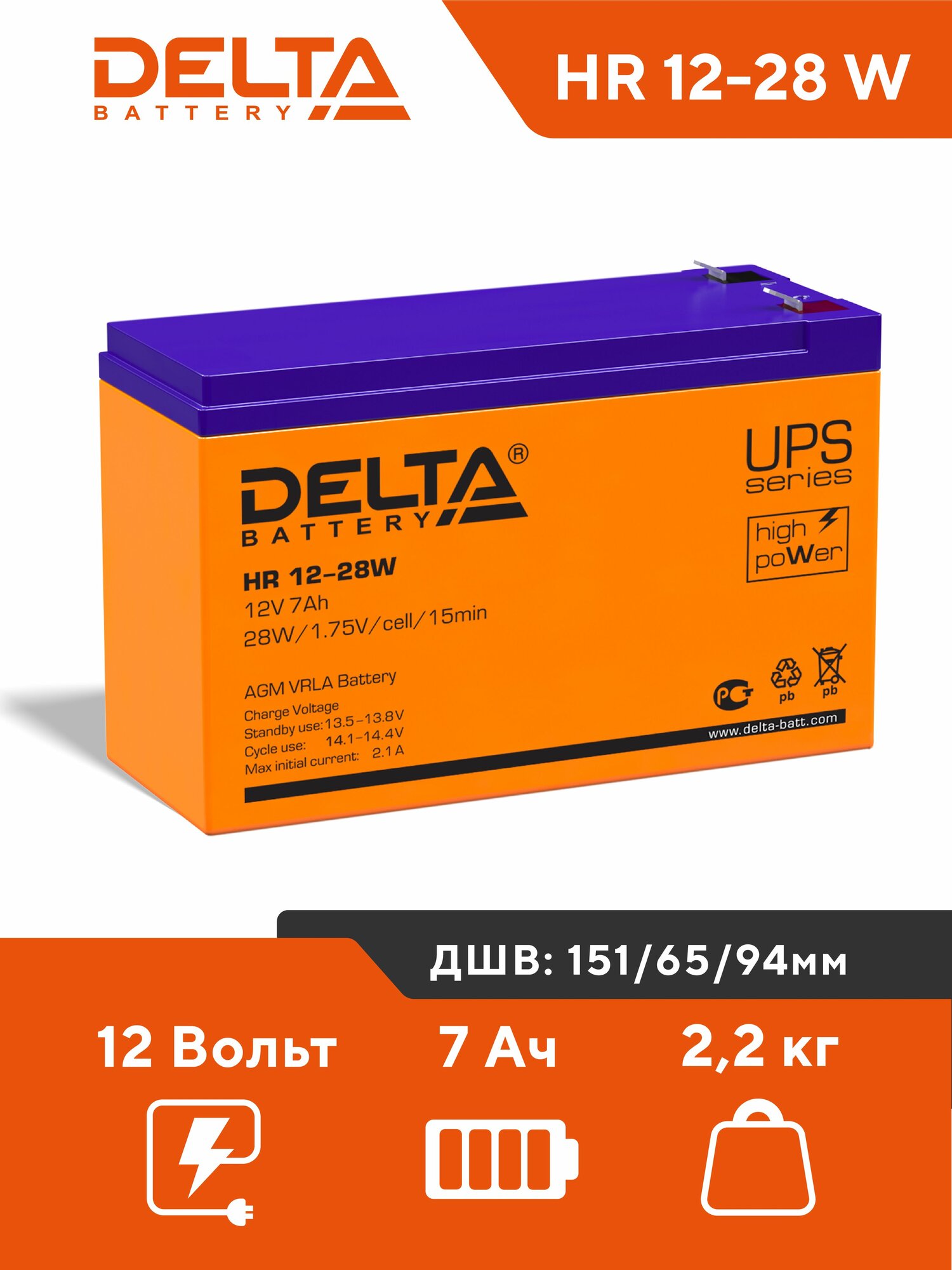 Аккумулятор Delta HR 12-28 W 12V 7Ah AGM VRLA