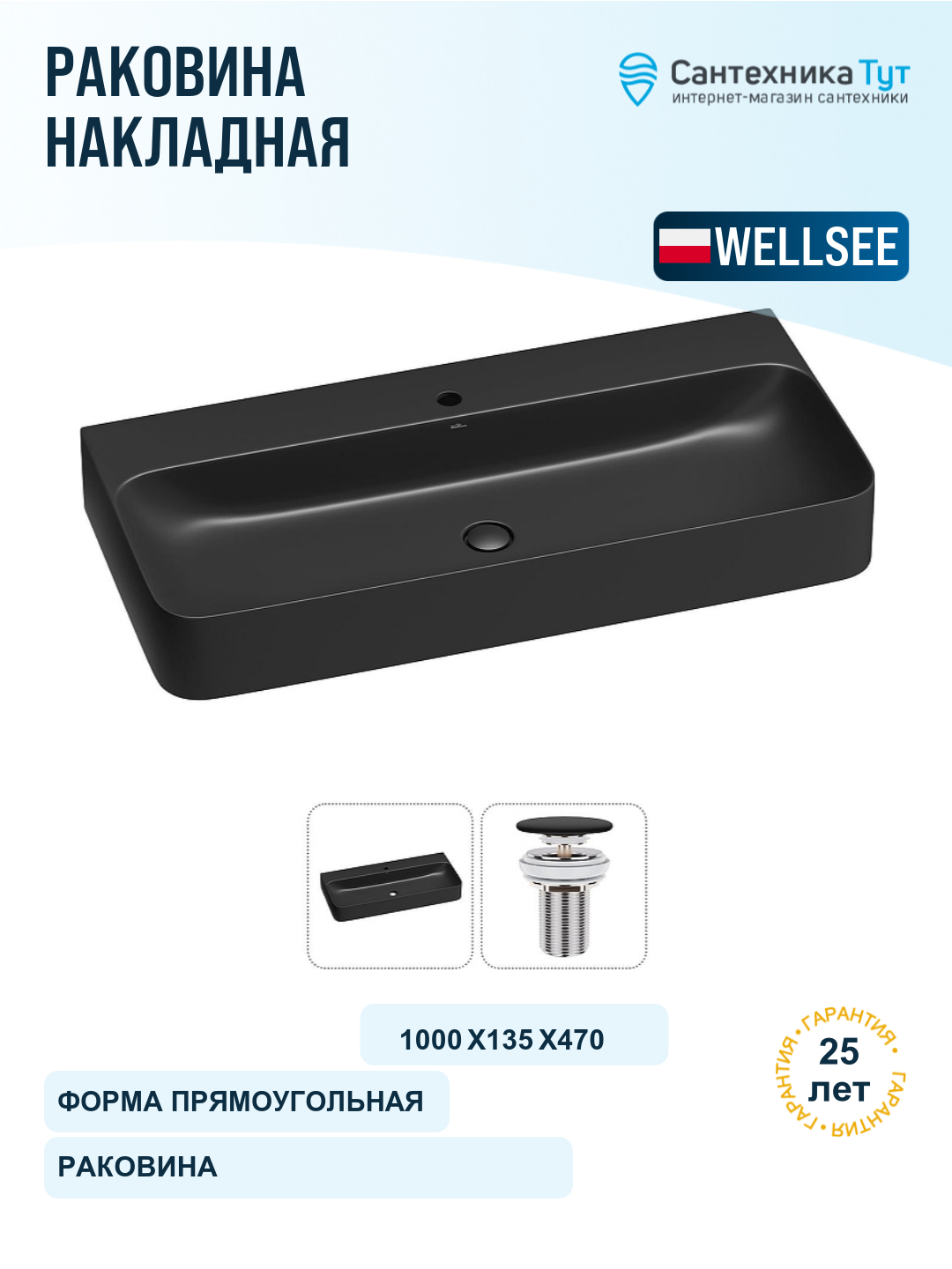 Раковина Wellsee Clermont 100 302616000 цвет Черный матовый