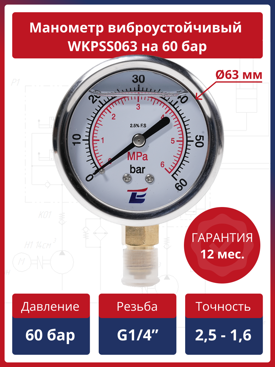 Манометр виброустойчивый WKPSS063 60 bar 1/4BSP (M635RL, ТМ-320Р)