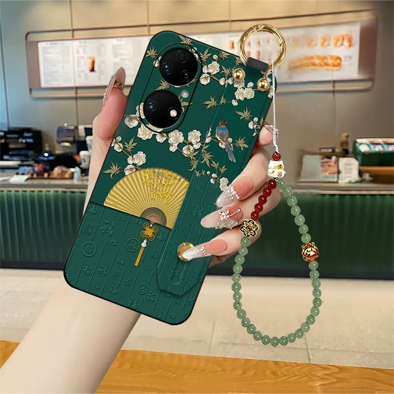 Чехол для Huawei P40 из кожевого материала с браслетом, черный, узор с зеленой птицей-фламинго