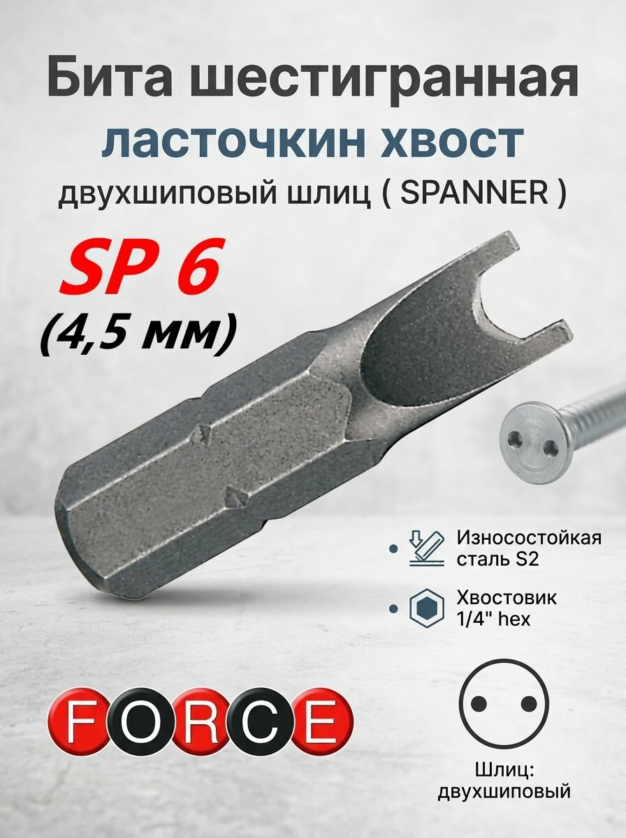 Бита шлицевая 1/4" (ласточкин хвост) 4,5 мм - длина 25 мм FORCE 123S2506