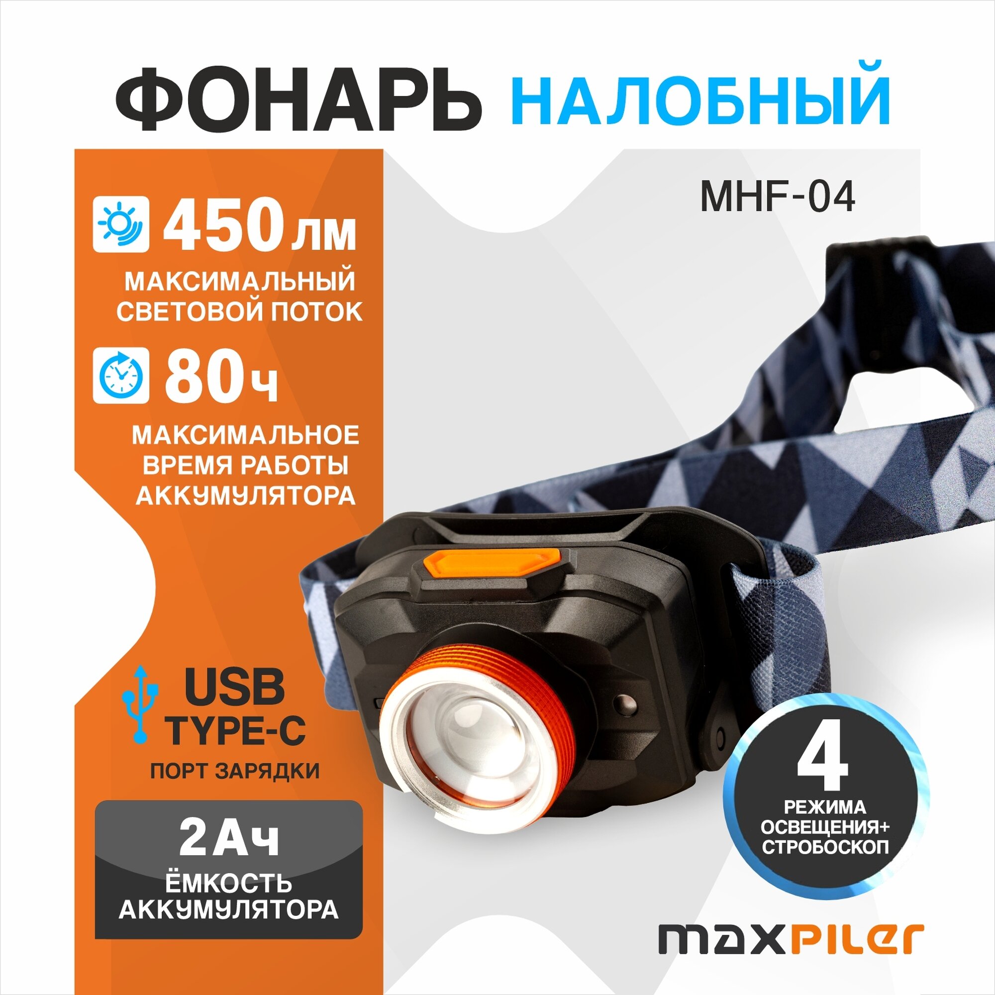 Налобный фонарь MAXPILER MHF-01, встроенный аккумулятор, USB-зарядка, IPX-4