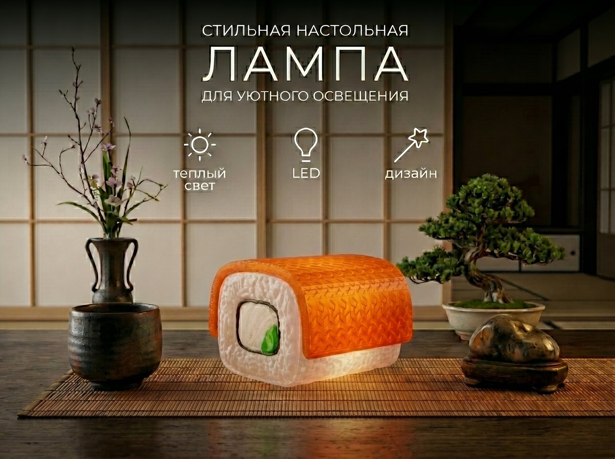 Светильник настольный - Ночник Суши Филадельфия в стиле Pinterest Прозрачный оранжевый