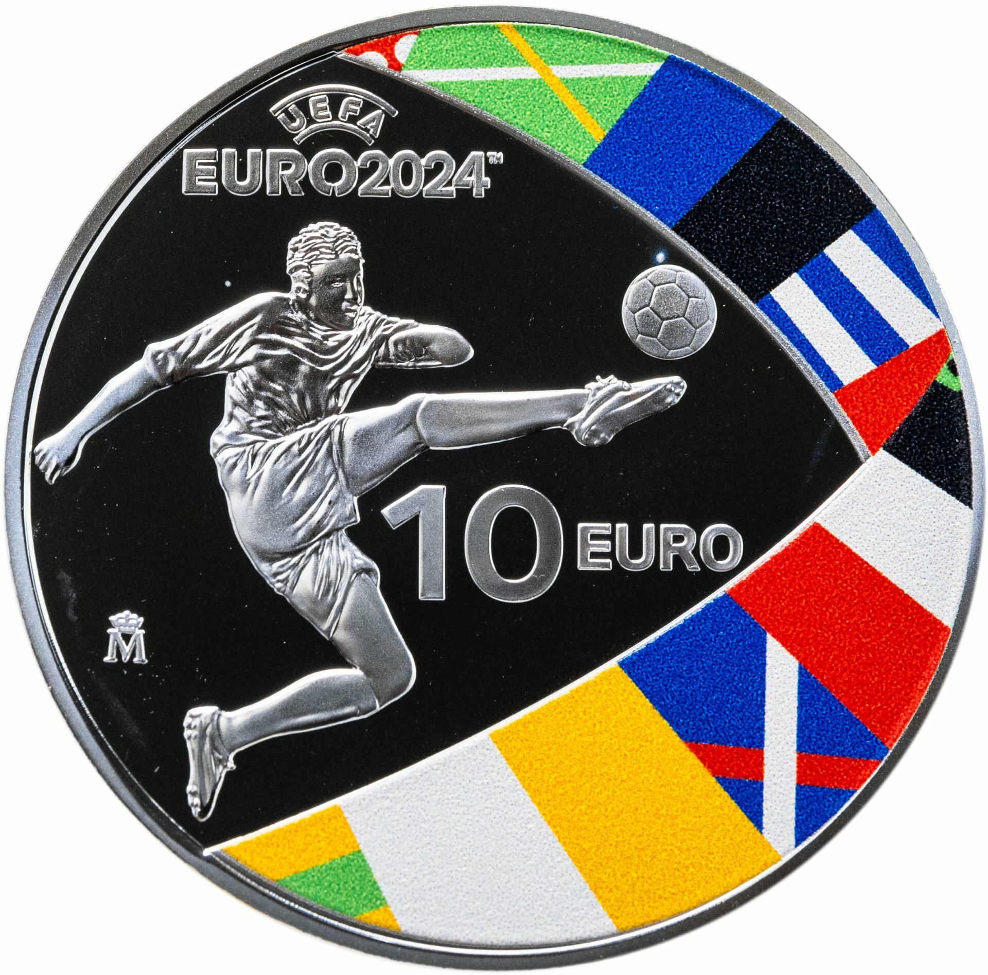 Испания 10 евро 2024 "Кубок UEFA 2024 футбол Германия" в футляре с сертификатом, Серебро 925, в сохранности Proof
