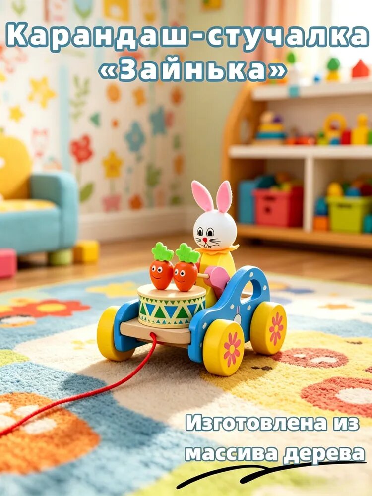 Развивающая тележка с барабаном из дерева, издающая качественный звук при движении, для детей от года