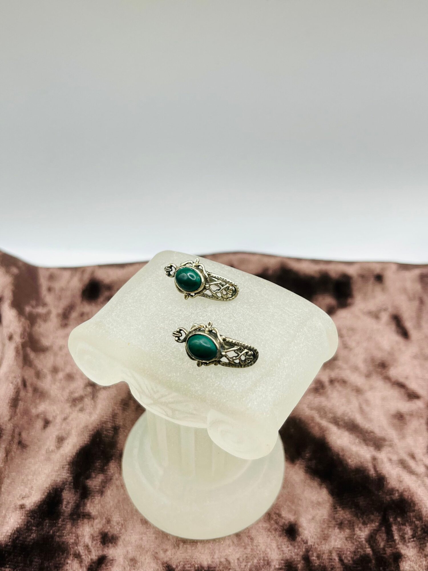 Винтажные серьги, мельхиор, малахит