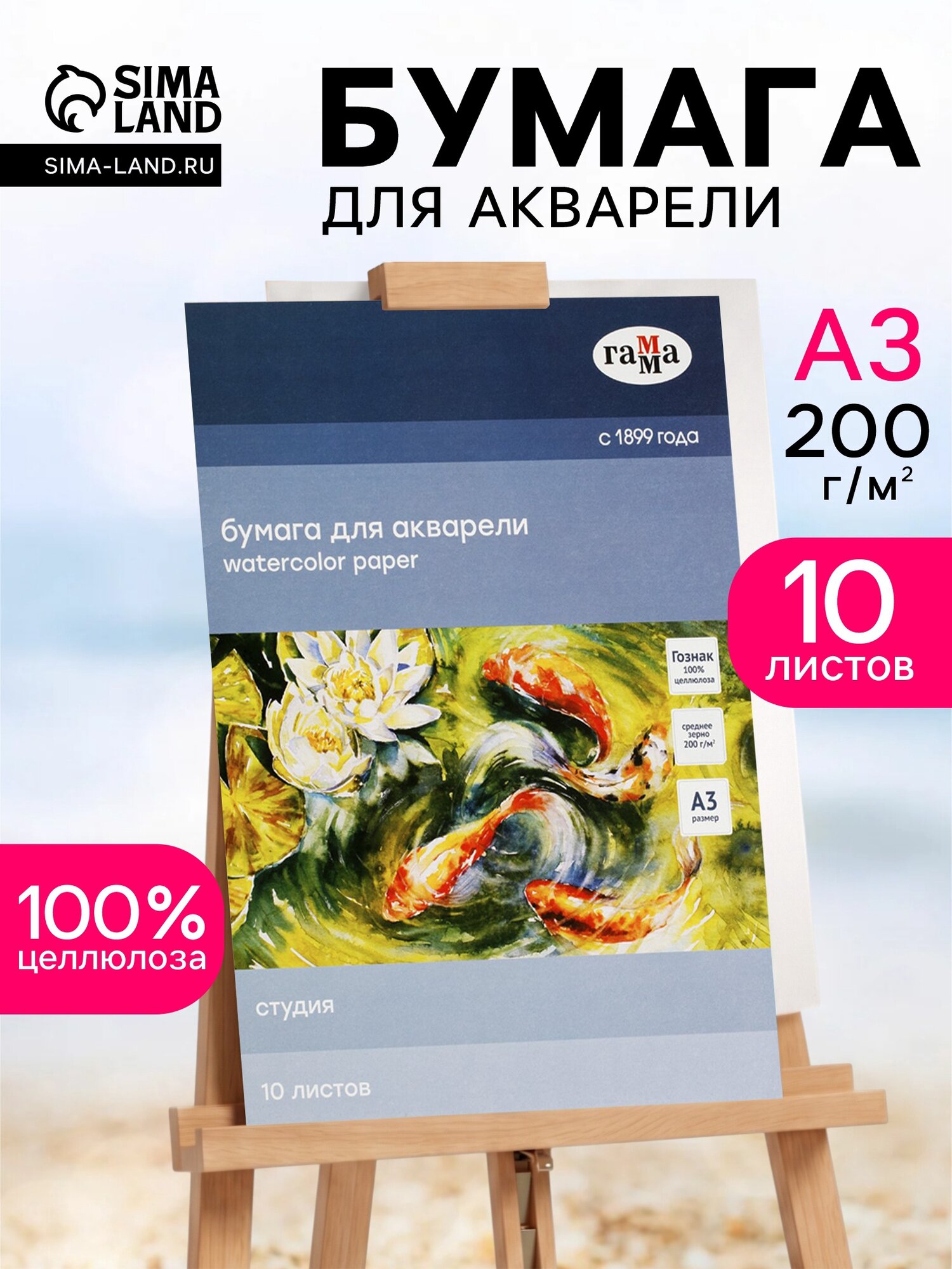 Бумага для акварели в папке А3, 10 листов, Гамма «Студия», 200 г/м², среднее зерно
