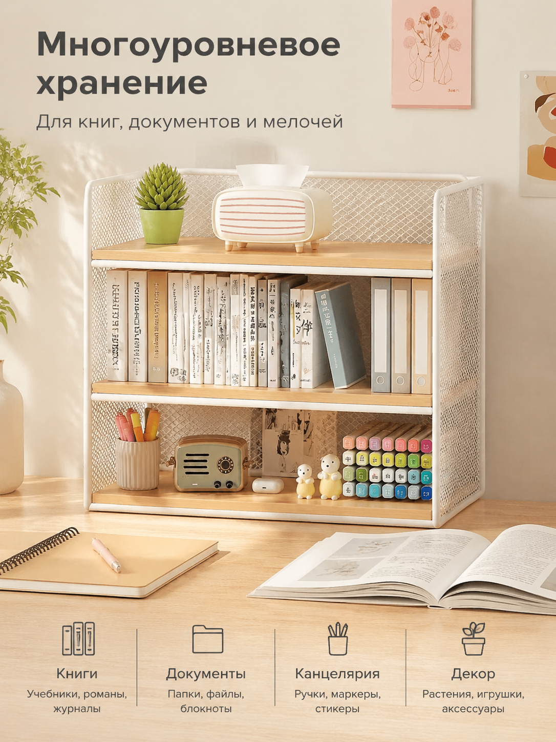 Многоярусная настольная полка, компактная, для книг и документов, органайзер, 34х20х40 см — фото 1