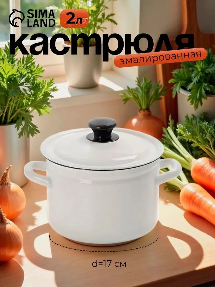 Кастрюля эмалированная, 2 л, диаметр 17 см, с крышкой, белая