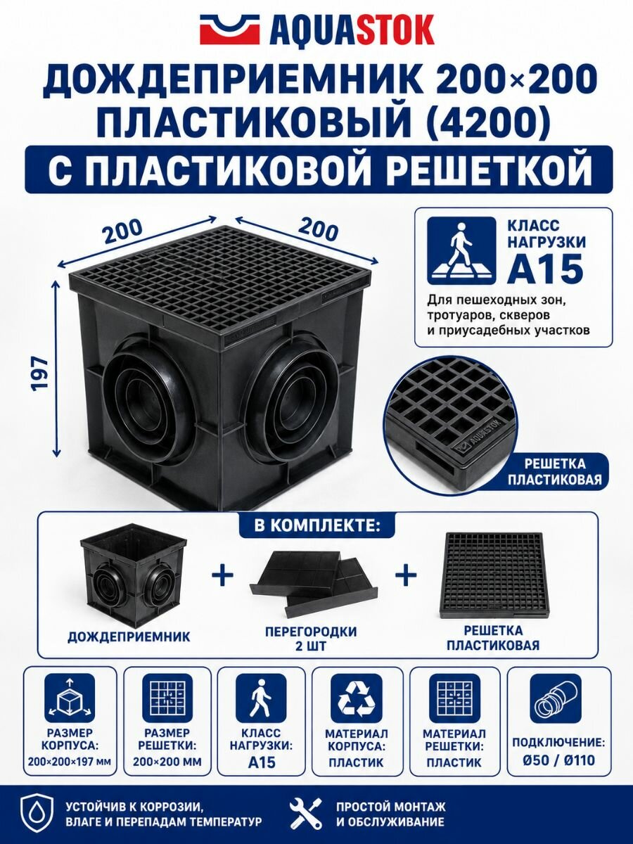 Дождеприемник (колодец) пластиковый Аквасток (Aquastok) 200х200мм с пластиковой решеткой