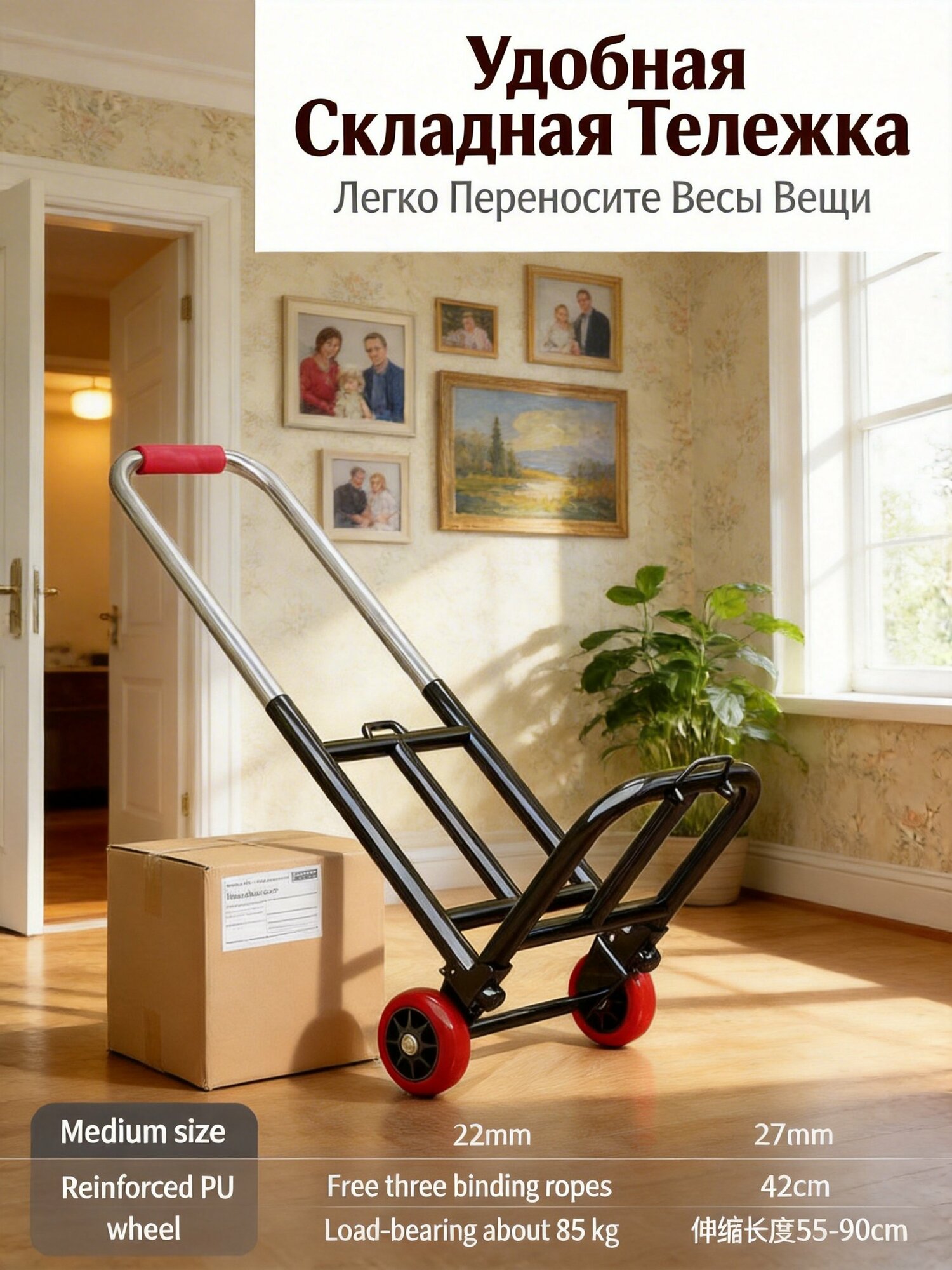 Складная ручная тележка, для перевозки грузов до 50-80 кг с легкой алюминиевой рамой и прочными колесами для переездов, покупок, дачи и ремонта