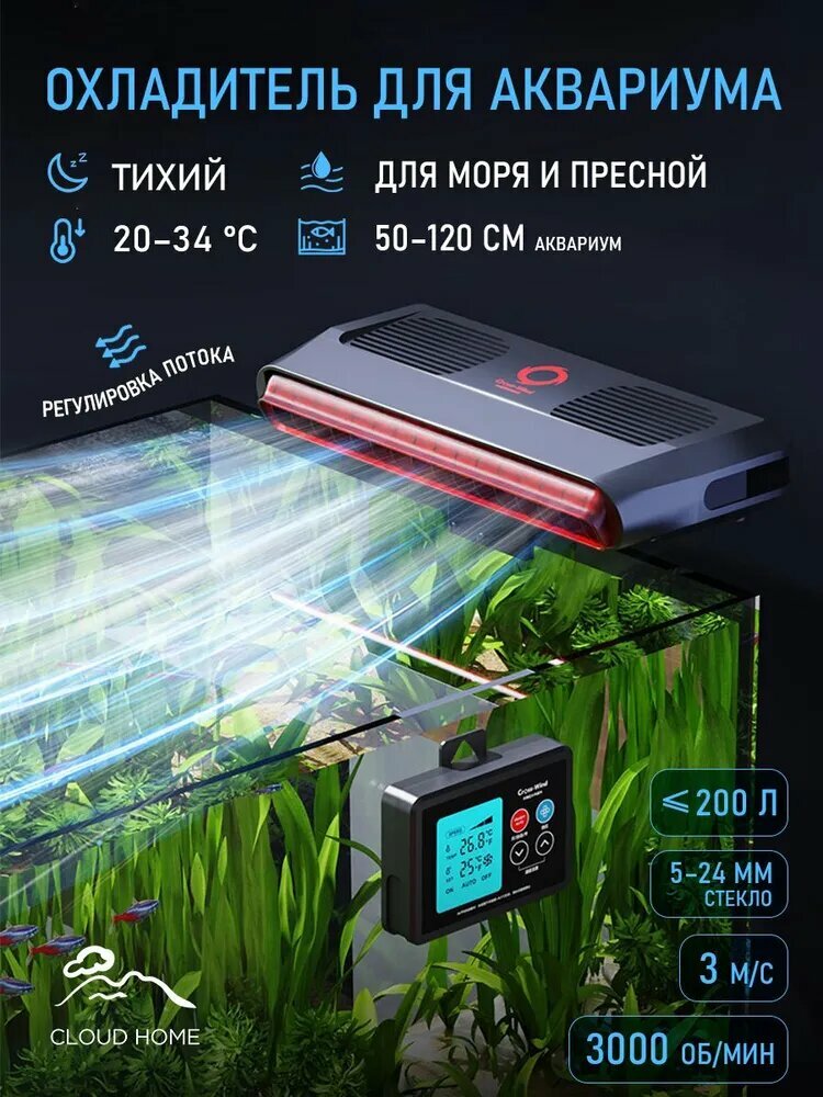 Охладитель для аквариума 50 120 см, охлаждение 3 5 C, 3000 об/мин / 3 м/с, регулировка потока