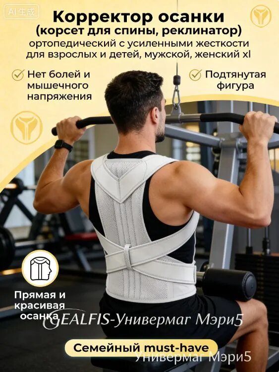 Корректор осанки (корсет для спины, реклинатор) ортопедический с усиленными ребрами жесткости для взрослых и детей, Размер: XL