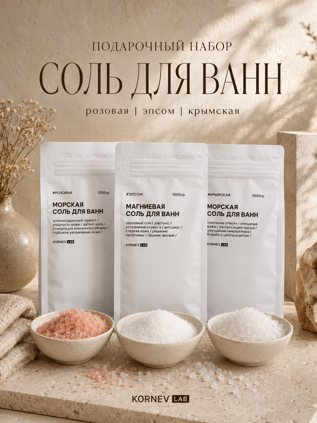Подарочный набор соли для ванн - бишофит, розовая, крымская в подарочной упаковке