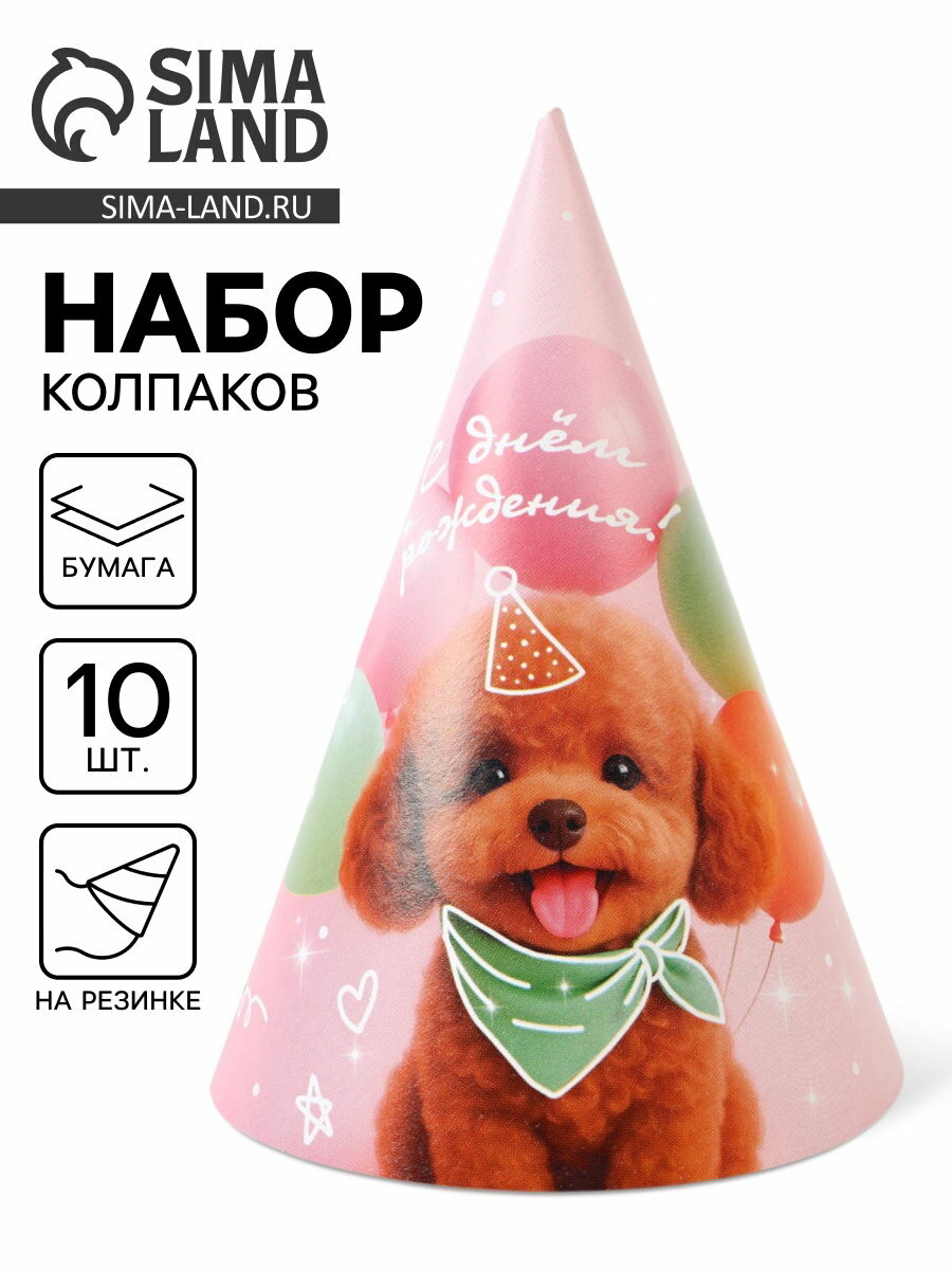 Колпак праздничный бумажный "С Днём рождения, собачка", розовый, 10 шт.