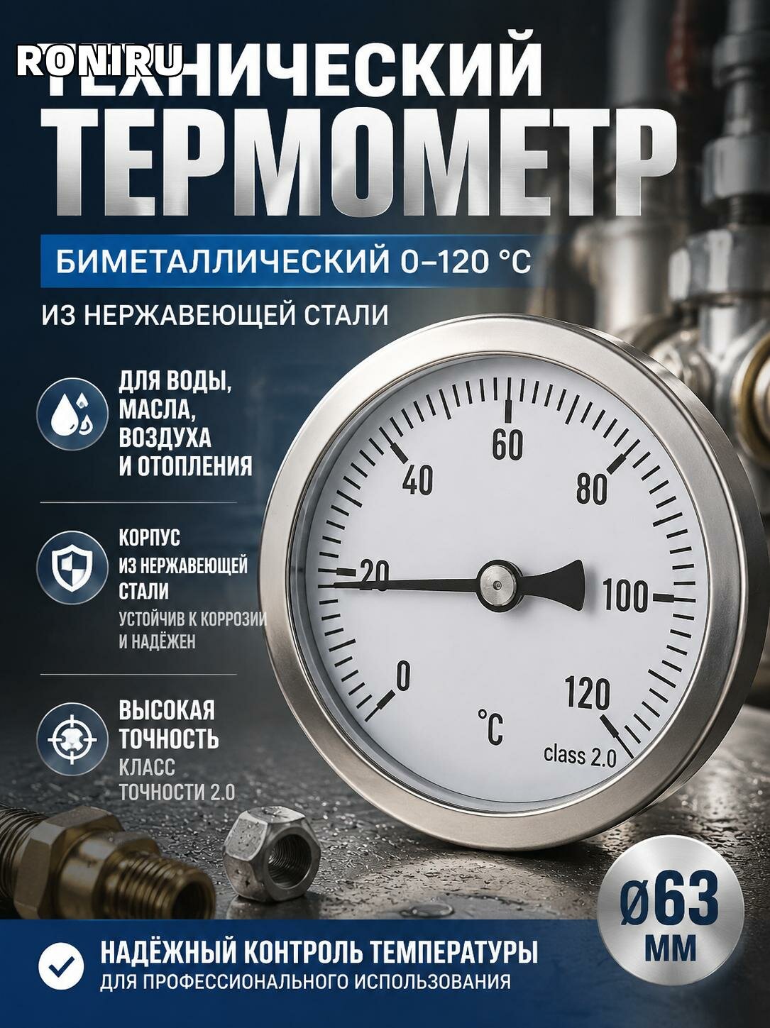 Термометр технический 63 мм биметаллический 0-120 °C из нержавеющей стали для воды, масла, воздуха и отопления