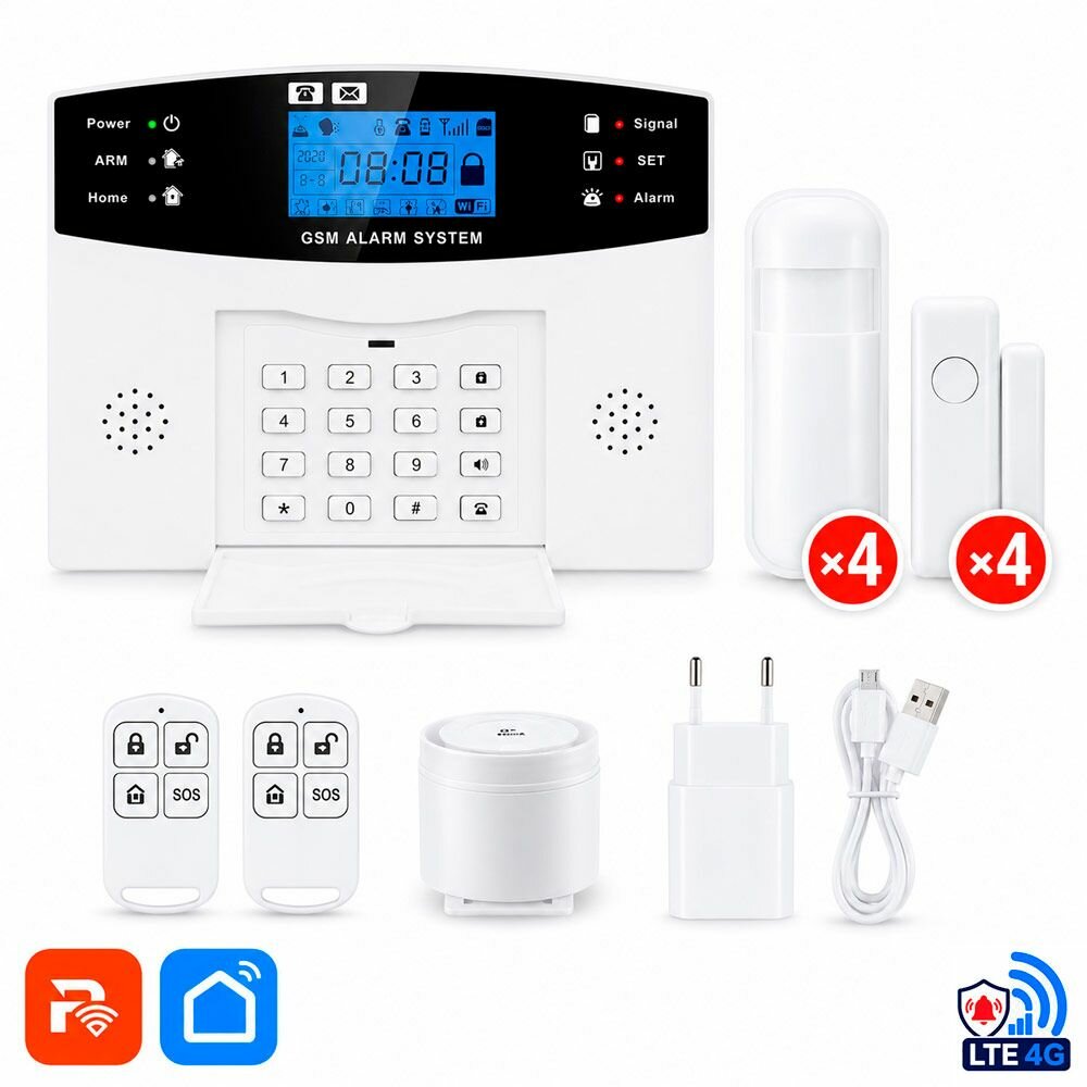 Комплект охранной GSM/WIFI сигнализации Ps-Link KIT-PG500-4G-8 4 датчика открытия, 4 датчика движения, сим-карта