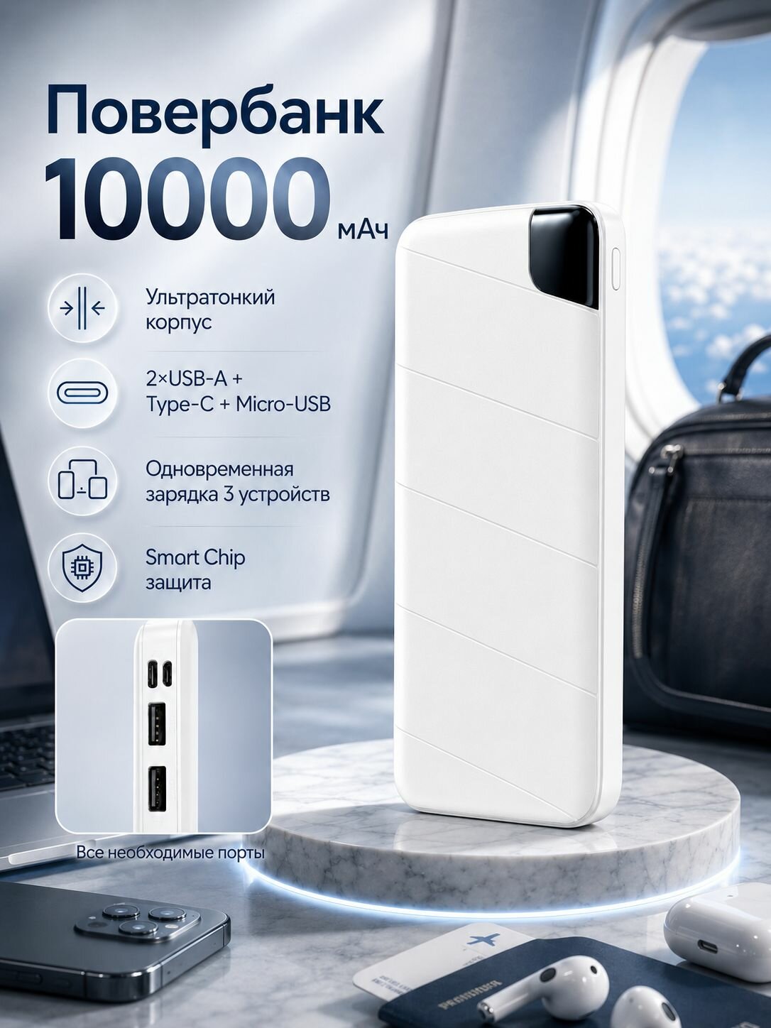 Внешний аккумулятор, 10000 мАч, 10 Вт, зеркальный