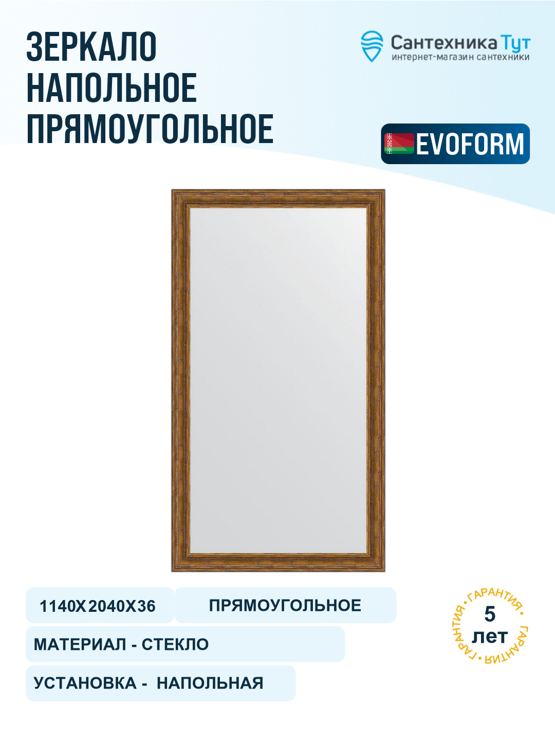 Зеркало Evoform Definite Floor 204х114 BY 6033 в багетной раме - Травленая бронза 99 мм