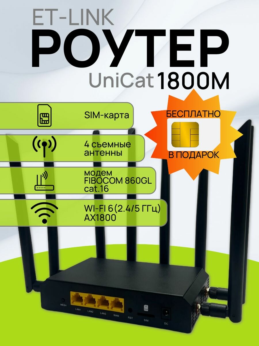 Роутер SIM Wi-Fi Unicat 1800M (WI-FI 6) + Fibocom 860GL / Cat16 / 8 антенн / MIMO 4x4