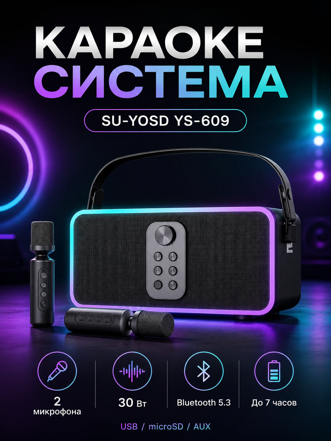 Премиумкараокесистема SUYOSD YS609 с двумя микрофонами, Bluetooth, чёрная