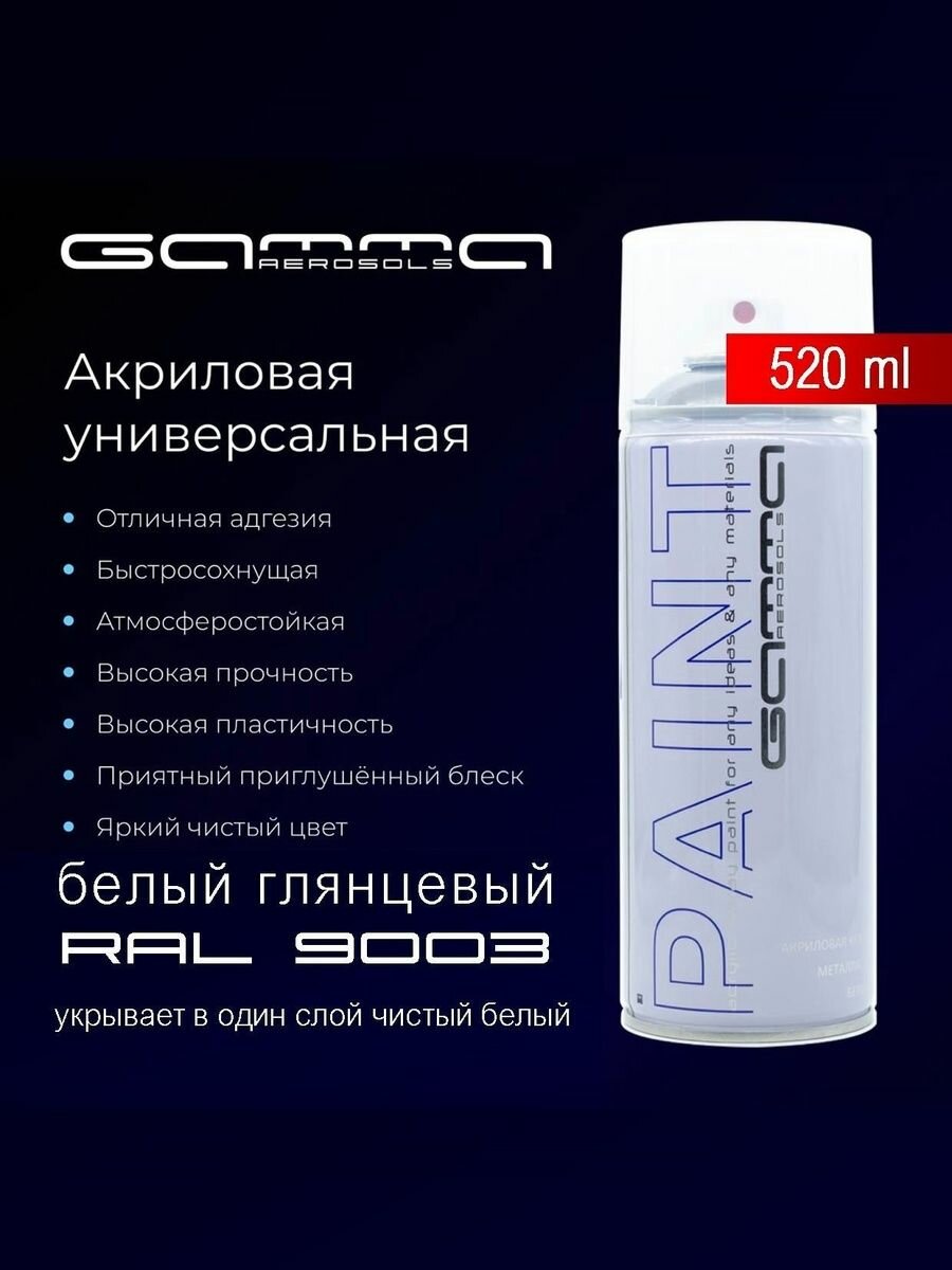 Краска белая глянцевая RAL 9003 / белая глянцевая акриловая эмаль / краска в аэрозольном баллончике 520 мл. глянцевая акриловая эмаль краска в аэрозоле 520 мл