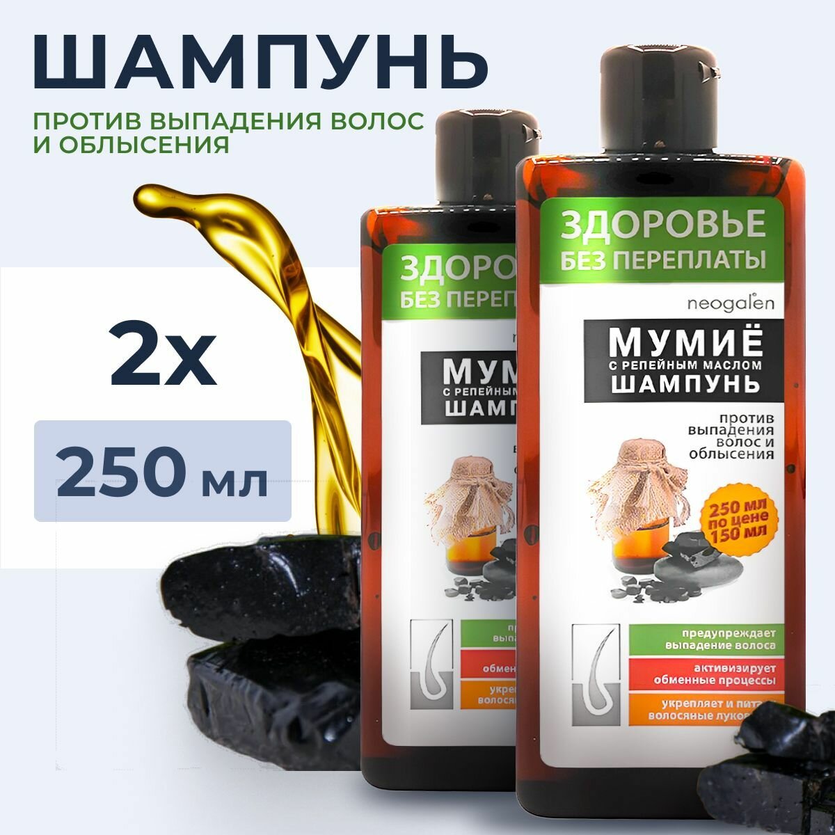 Шампунь против выпадения волос и облысения Здоровье без переплаты Мумие с репейным маслом 250 мл. НПО ФораФарм. Набор 2 штуки.