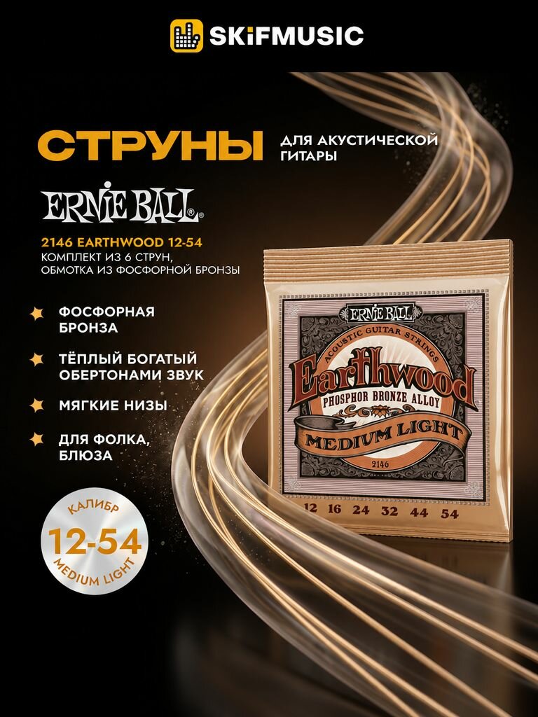 Струны для акустической гитары Ernie Ball 2146 Earthwood 12-54, комплект из 6 струн, обмотка из фосфорной бронзы