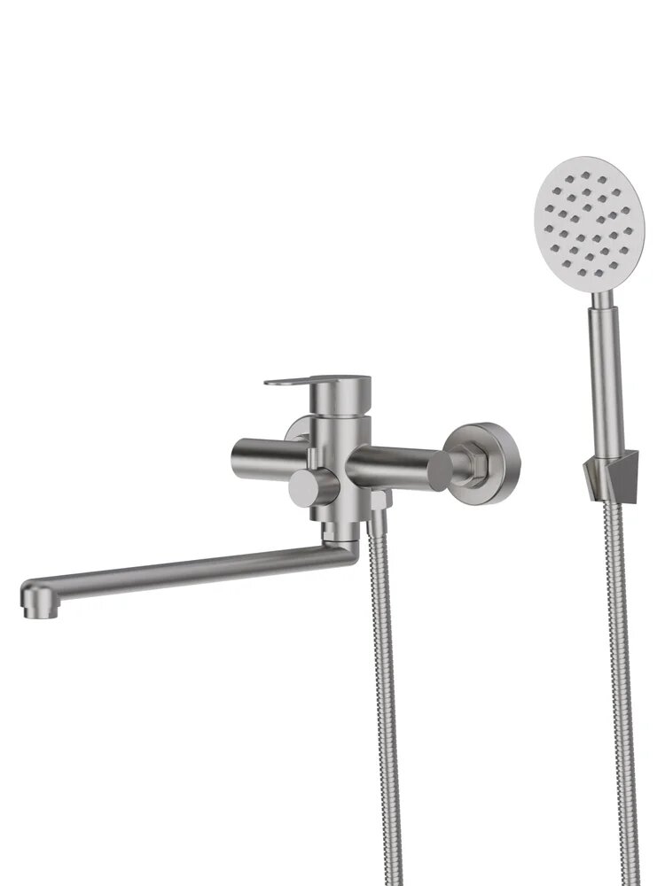 Смеситель для ванны с длинным изливом Agger Zest A0721133 с душевым гарнитуром, поворотный, из нержавеющей стали, матовый, смеситель для ванны с душем, рычажный, с настенным держателем