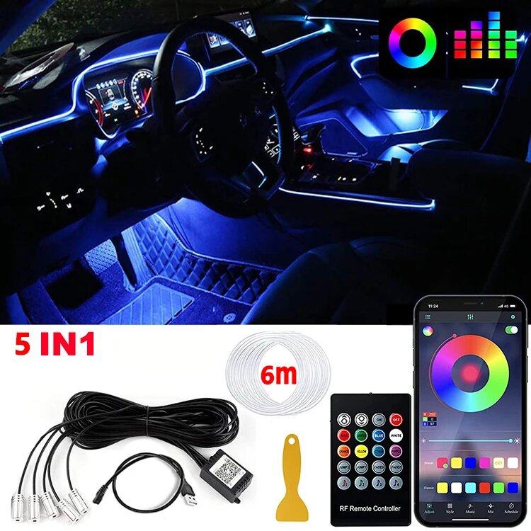 Многофункциональная RGB LED Подсветка Для Салона Автомобиля 5-в-1 С Оптоволоконным 5 in 1 USB