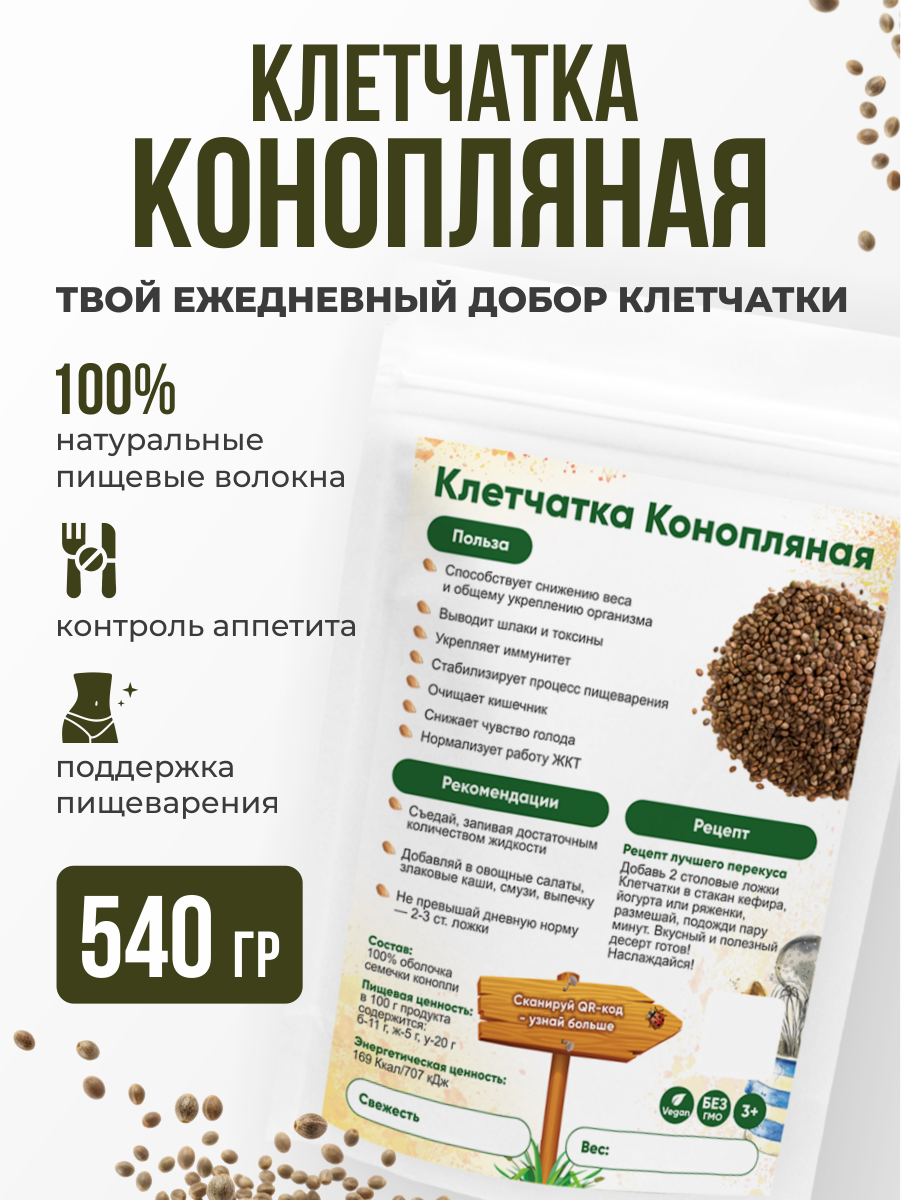 Клетчатка растительная конопляная без сахара для похудения, очищения, здоровья, детокса 540 гр
