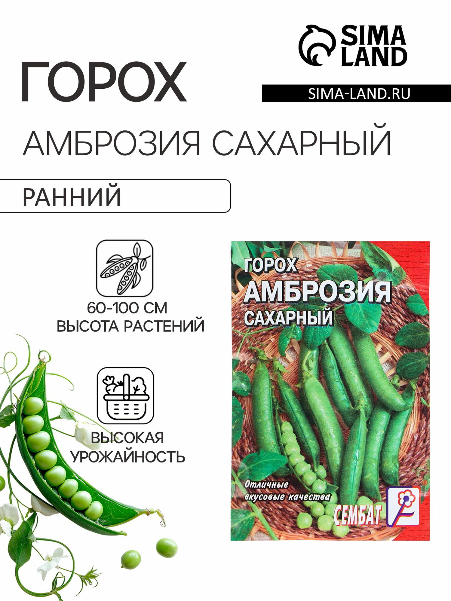 Семена Горох "Амброзия сахарный", 10 г, сорт: амброзия сахарный, 4 шт.