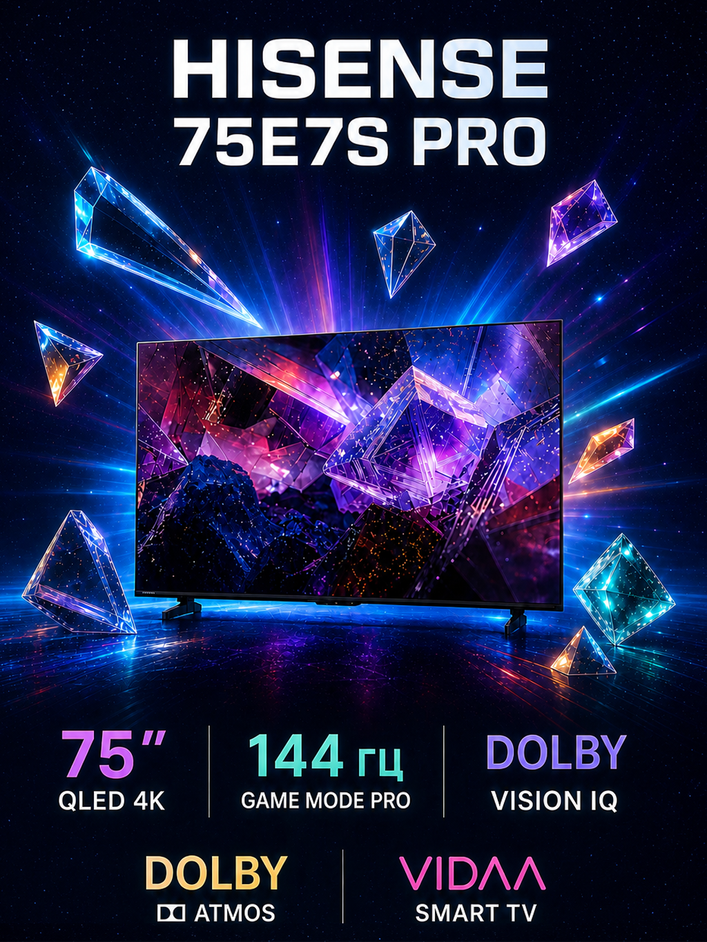 Телевизор Hisense 75E7S Pro, диагональ 74,8", разрешение 4K, пульт ДУ, серый