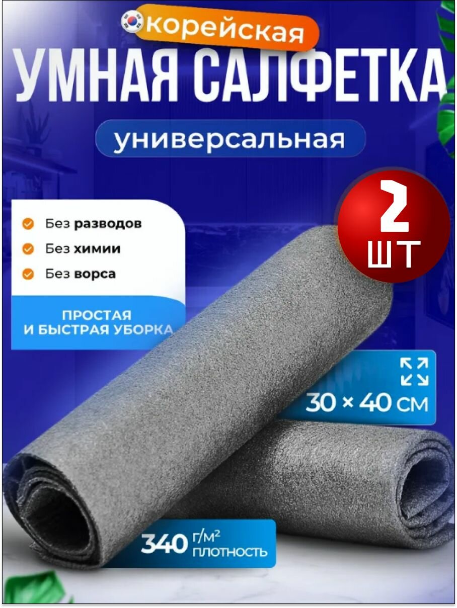 Салфетки для стекол и зеркал, уборки дома и автомобиля, корейские умные тряпки для уборки без разводов, 30х40 см, 2 шт серый