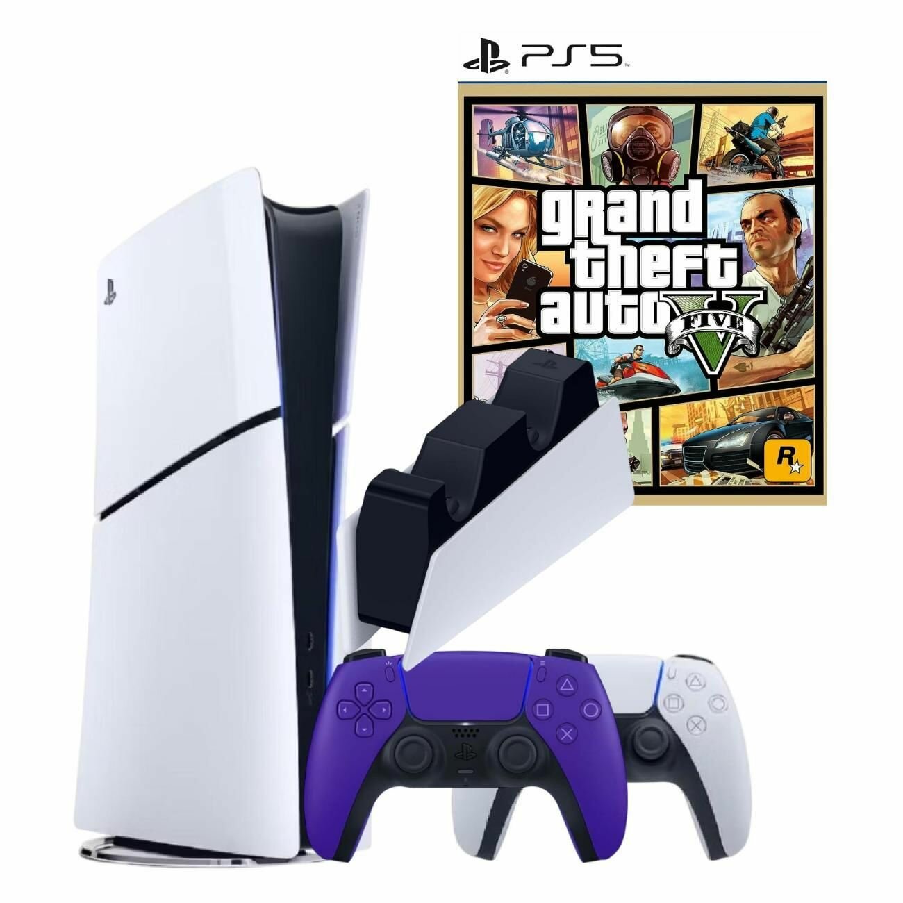 Игровая приставка Sony PS5 Slim Disk + 2й геймпад фиолетовый + игра GTA + станция зарядки
