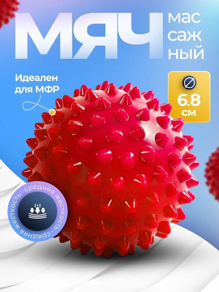 Массажный мячик с шипами для МФР, мяч для массажа ног, спины, рук, шеи, красный