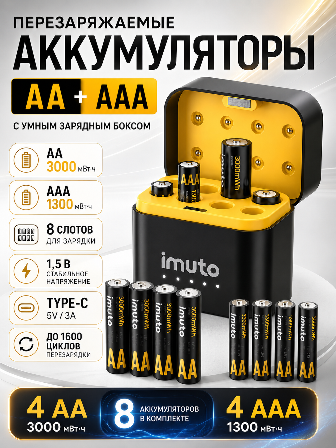 Imuto Комплект аккумуляторов AA 3000mWh + AAA 1300mWh, 1.5В стабильно, 8-слотовое зарядное Type-C, до 1600 циклов