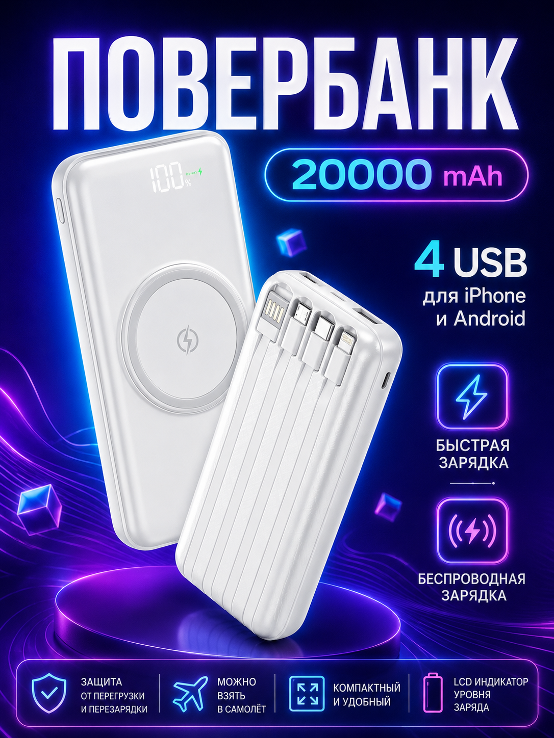 Power Bank 20000 mAh, Внешний аккумулятор повербанк с беспроводной зарядкой, Пауэрбанк для смартфонов белый